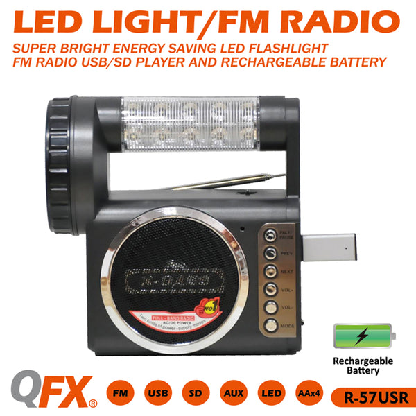 QFX R-57USR FM Radio Rechargeable Battery and USB/SD – Caraudio Closeout